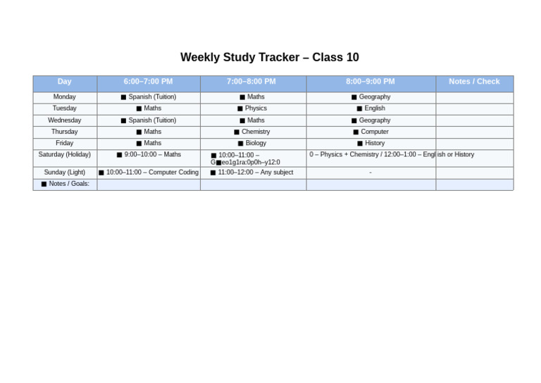 Weekly Study Tracker Class10 | PDF