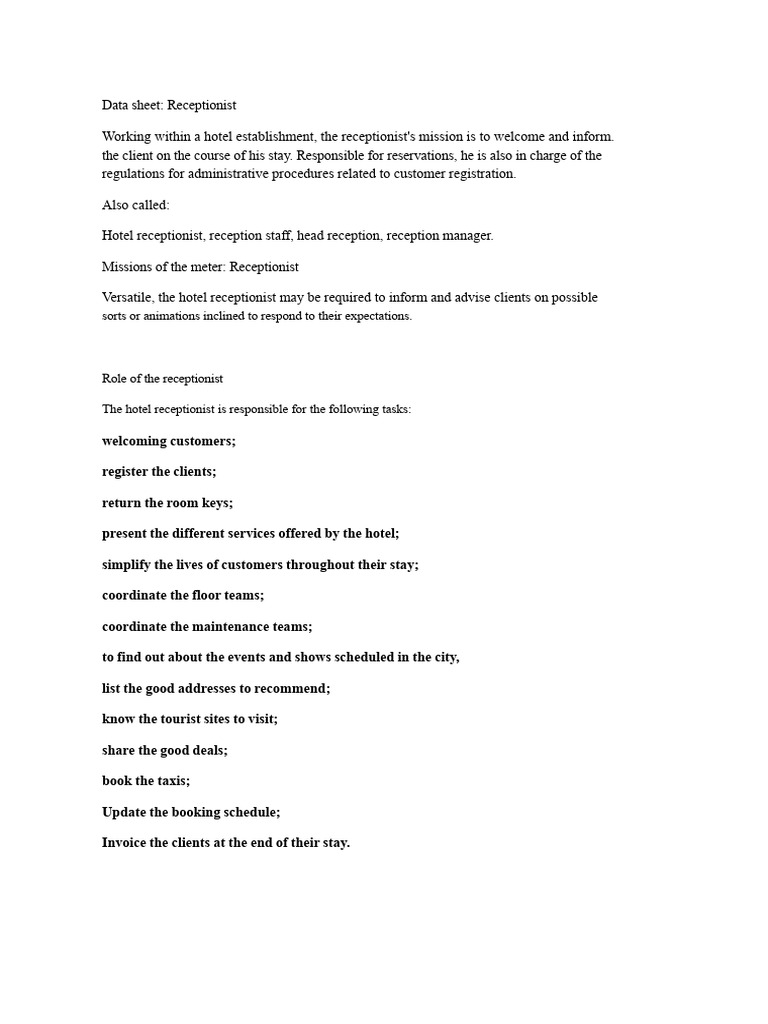 Job description for receptionist | PDF | Hotel | Business