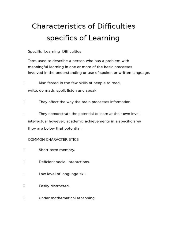 Characteristics in Specific Learning Difficulties | PDF