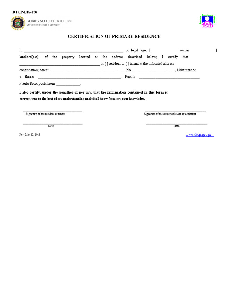 DTOP-DIS-156 CERTIFICATION OF PRIMARY RESIDENCE Rev. May 12, 2018 | PDF