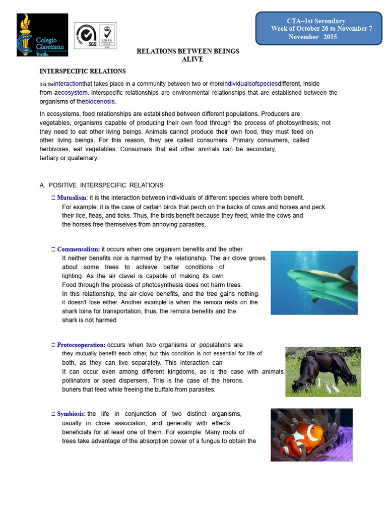 Interspecific Relationships | PDF | Biology | Zoology