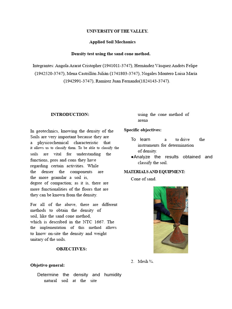 Sand Cone Method for Soil Density Testing | PDF | Density | Humidity