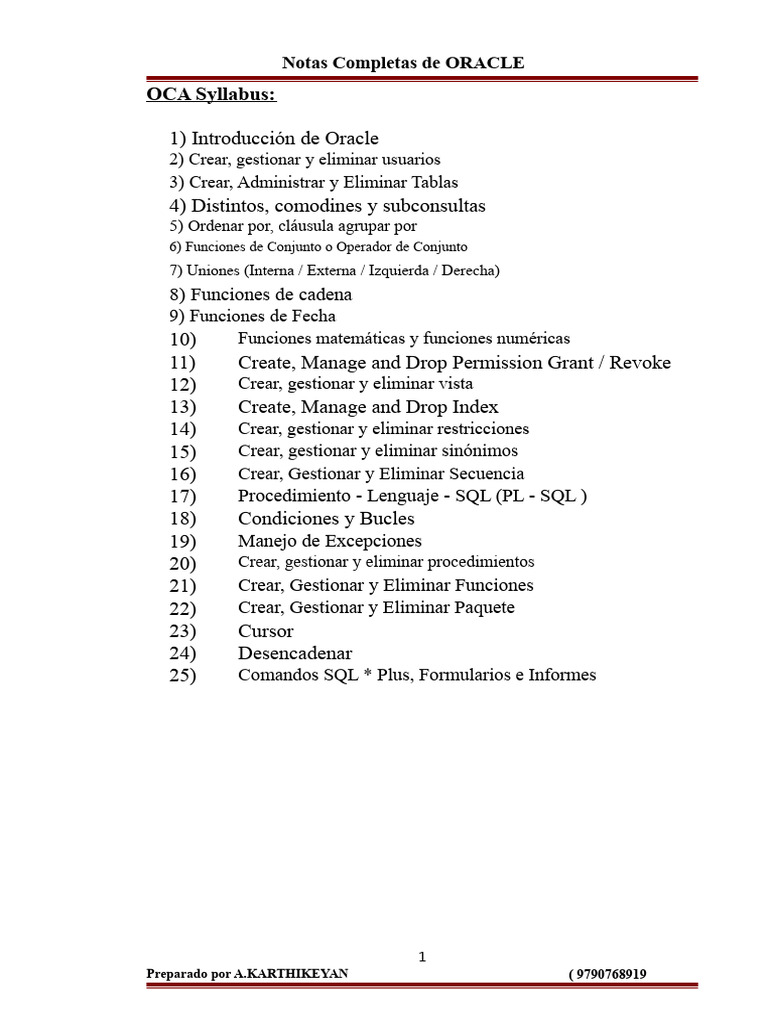 Notas completas de Oracle | PDF | SQL | Pl / Sql
