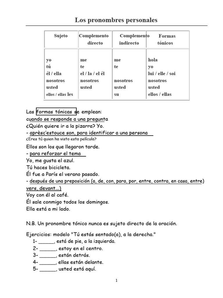 Pronombres personales en español: uso y ejercicios | PDF | Verbo ...