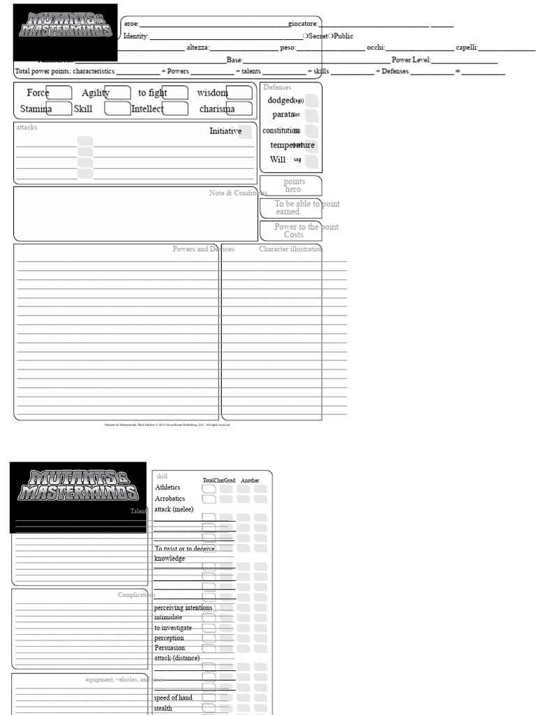 Mutants and Masterminds Character Sheet B&W | PDF
