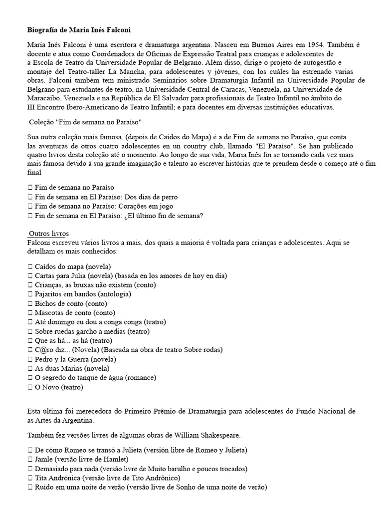 Biografia de Maria Inés Falconi | PDF | Romeu e Julieta | Contos