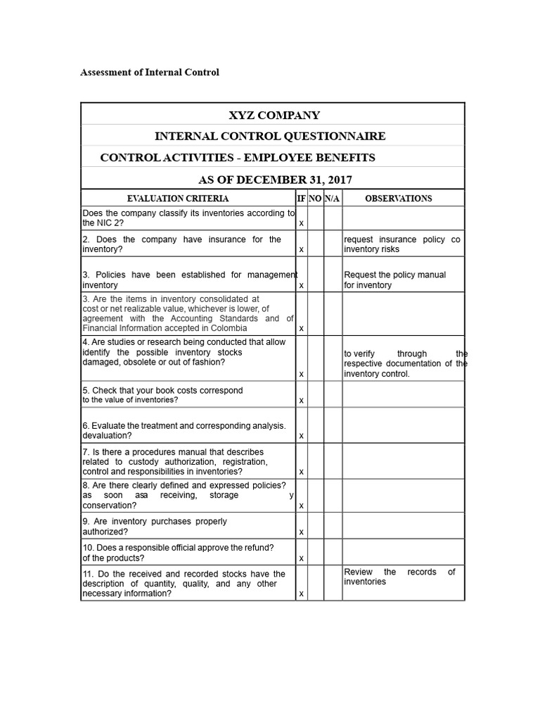 Internal Control Assessment: Employee Benefits | PDF | Inventory ...