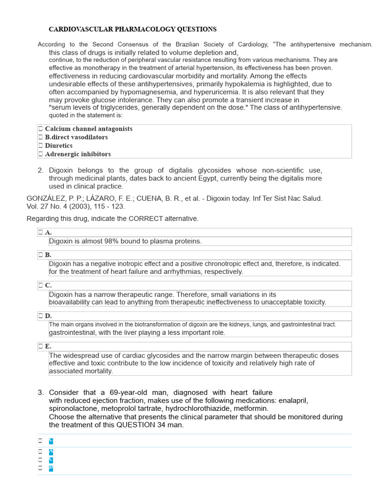 Cardiovascular Pharmacology Quiz Questions | PDF | Hypertension | Heart ...