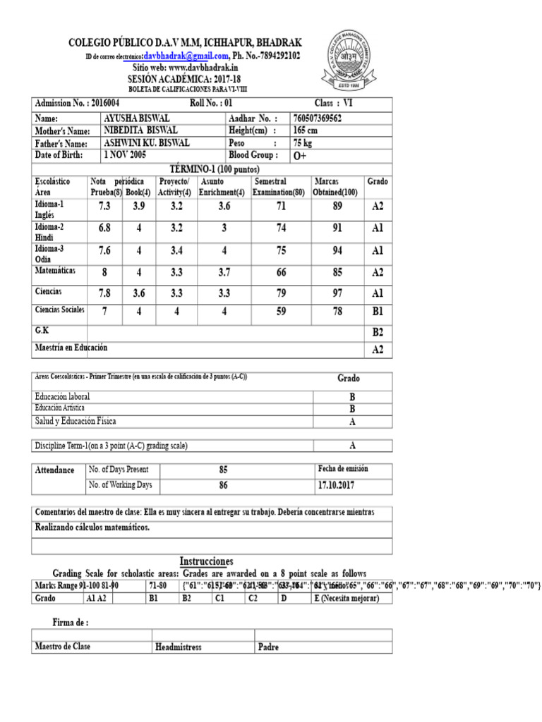 Boleta de Calificaciones Dav Final 6-8 | PDF | Science