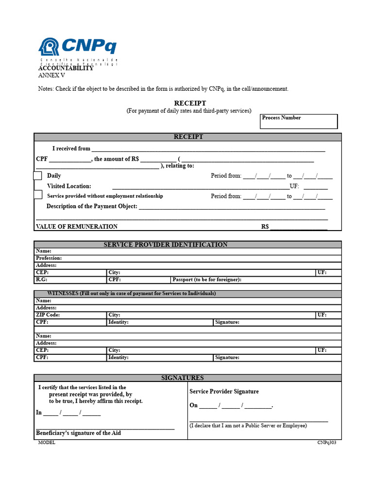 Receipt Model For Accountability - CNPQ | PDF