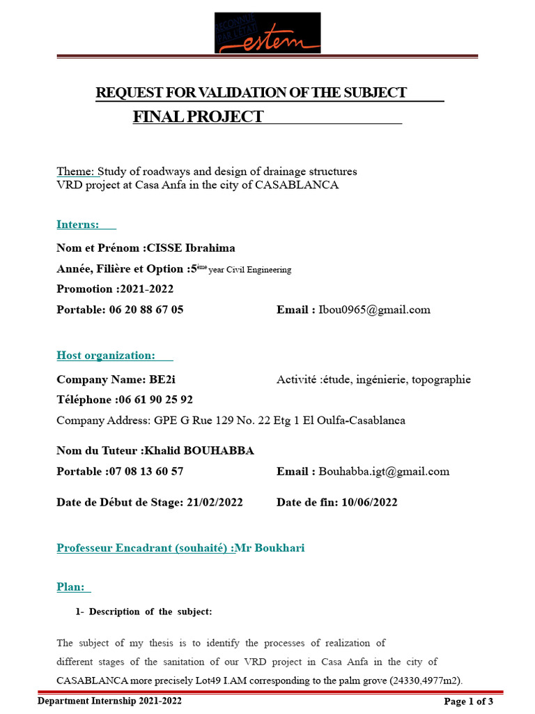 Request for validation of the PFE topic 2021-2022 | PDF | Trench ...