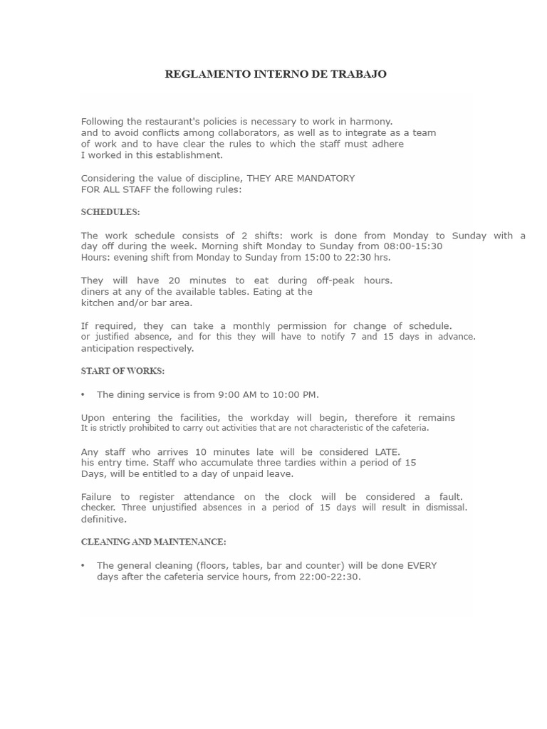 Internal Work Regulations for Staff | PDF | Restaurants