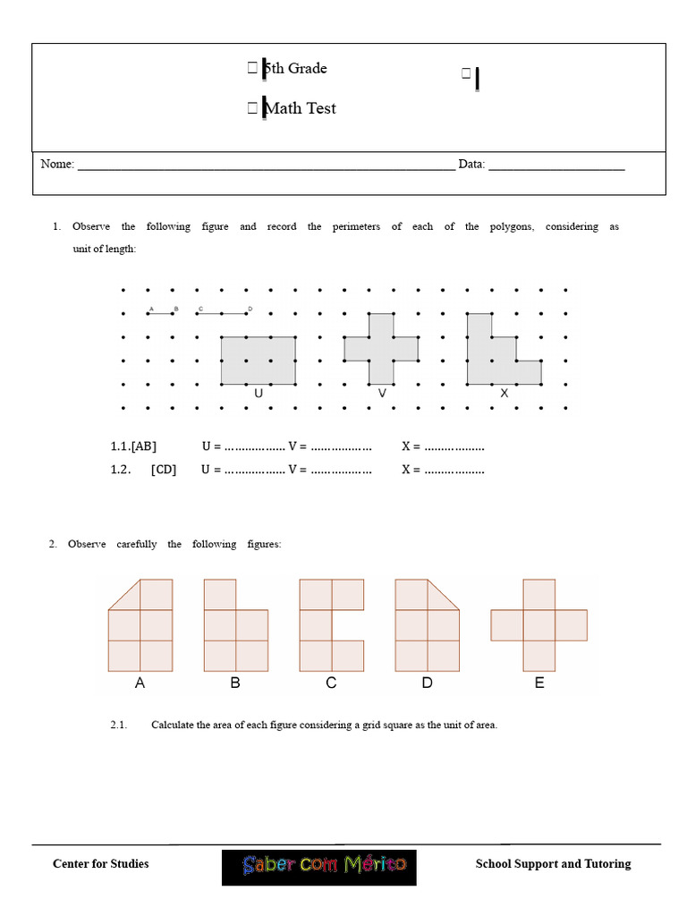 Mathematics Assessment Sheet 5th Grade - Polygons | PDF | Area ...