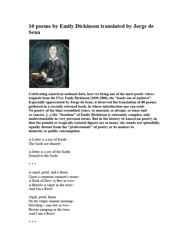 10 Poems by Emily Dickinson Translated by Jorge de Sena | PDF | Emily ...