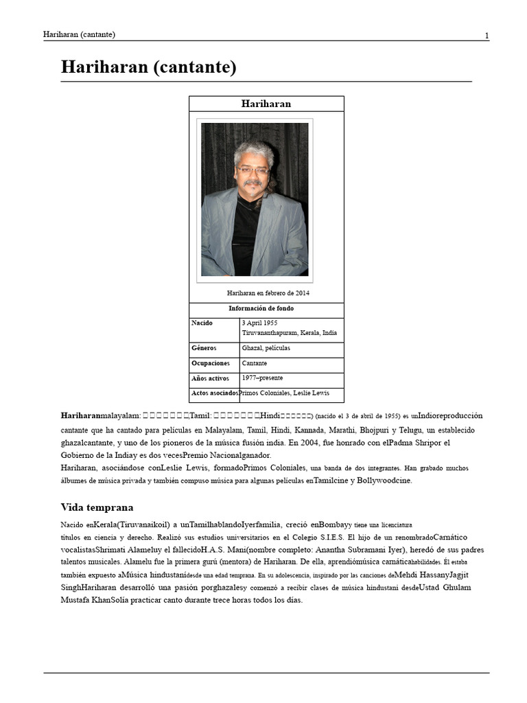 Biografía de Hariharan, cantante indio | PDF | Las artes escénicas
