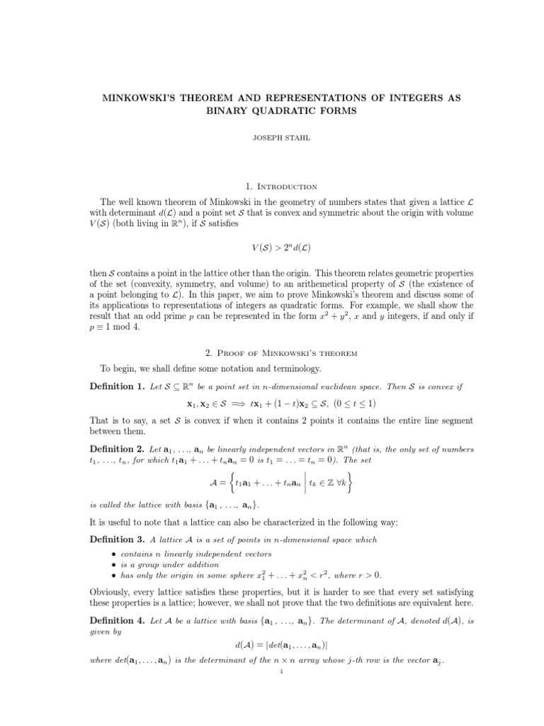 Minkowski S Theorem And Representations Of Integers As Binary Quadratic Forms Pdf Convex Set