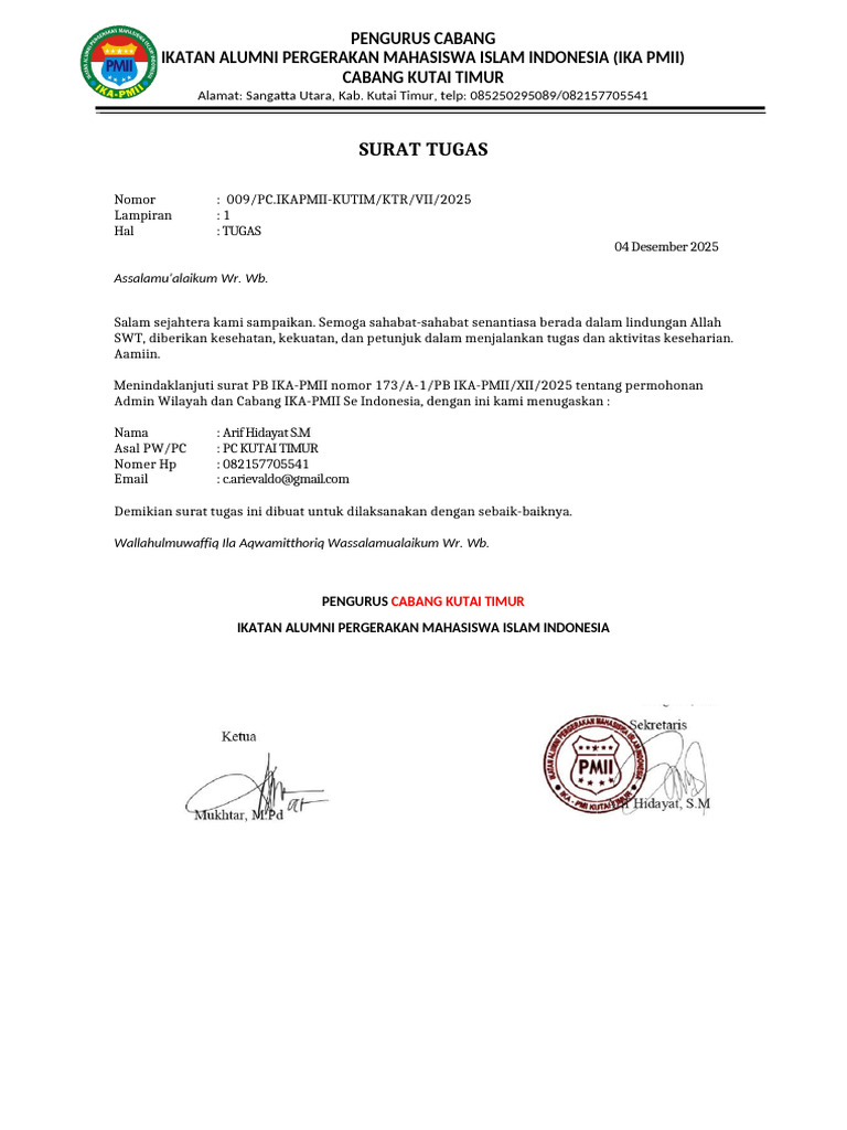 Surat Tugas IKA PMII Cabang Kutai Timur | PDF