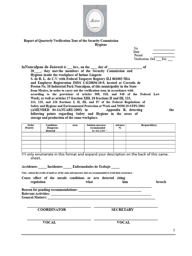 Verification Tour Minutes Format of The Safety and Hygiene Commission ...