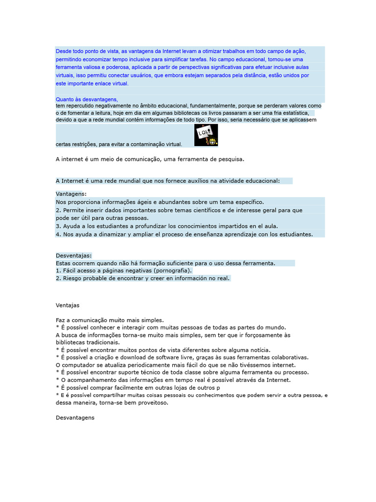 Vantagens e Desvantagens da Internet na Educação | PDF | Internet ...