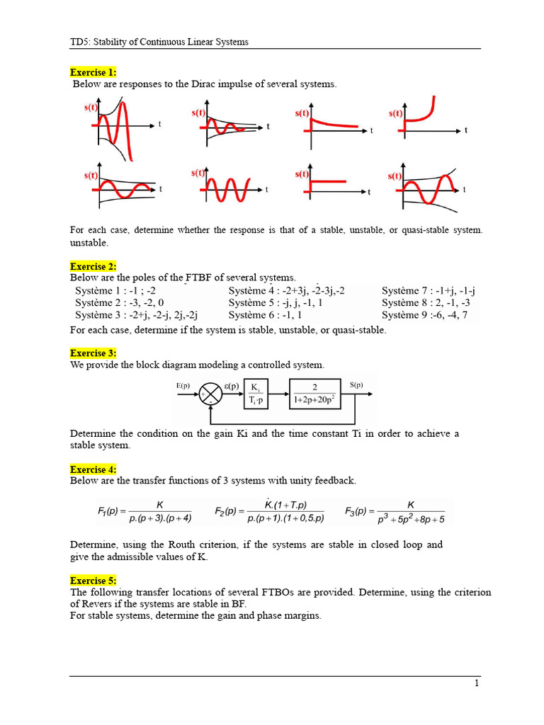 Exercises Td5 Stability Correction Pdf Control Theory Stability