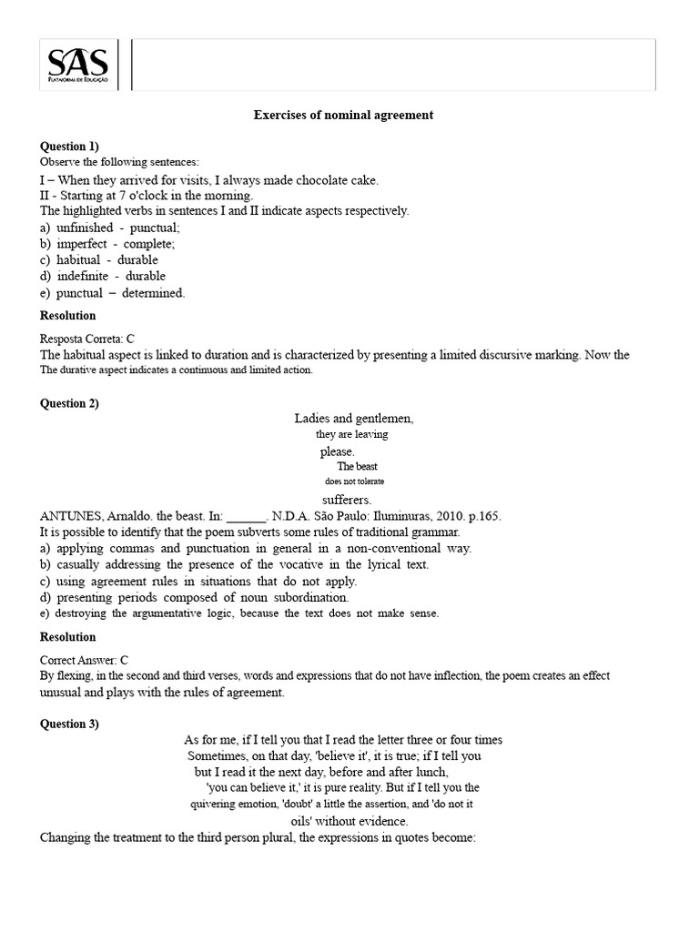 Nominal Agreement Exercises and Analysis | PDF | Grammatical Gender | Noun