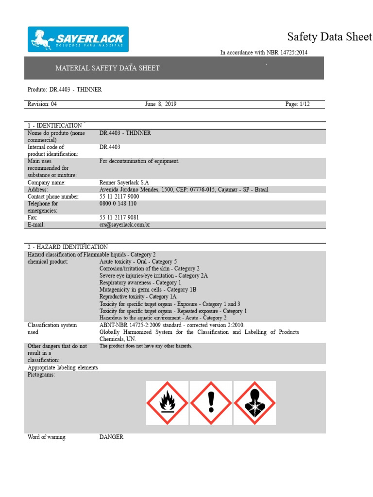DR.4403 Thinner Safety Data Sheet | PDF | Toxicity | Dangerous Goods