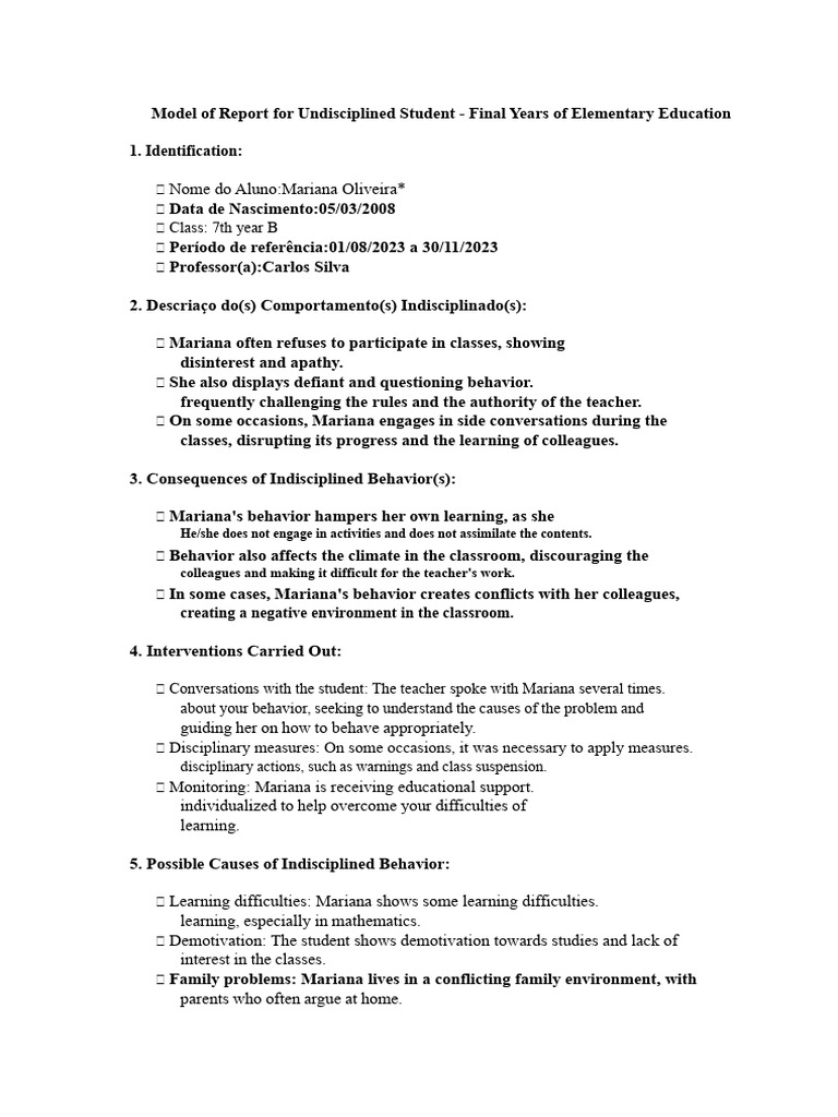 Report Model for Disruptive Student – Final Years of Elementary School ...