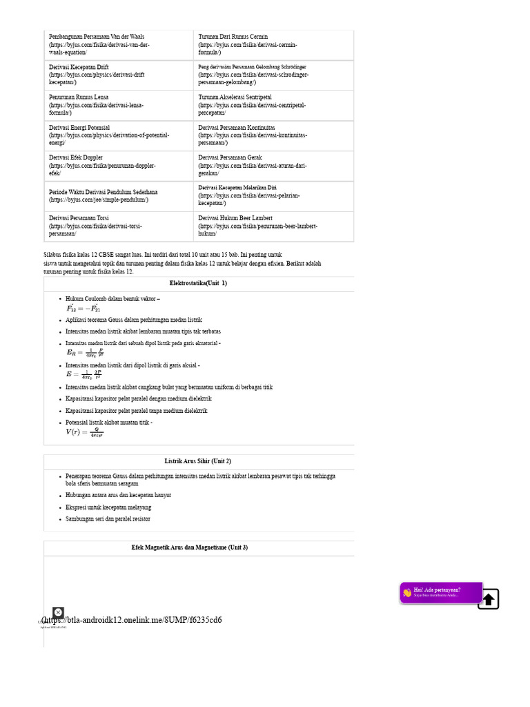 Derivasi Penting Fisika Kelas 12 CBSE - Berdasarkan Bab | PDF