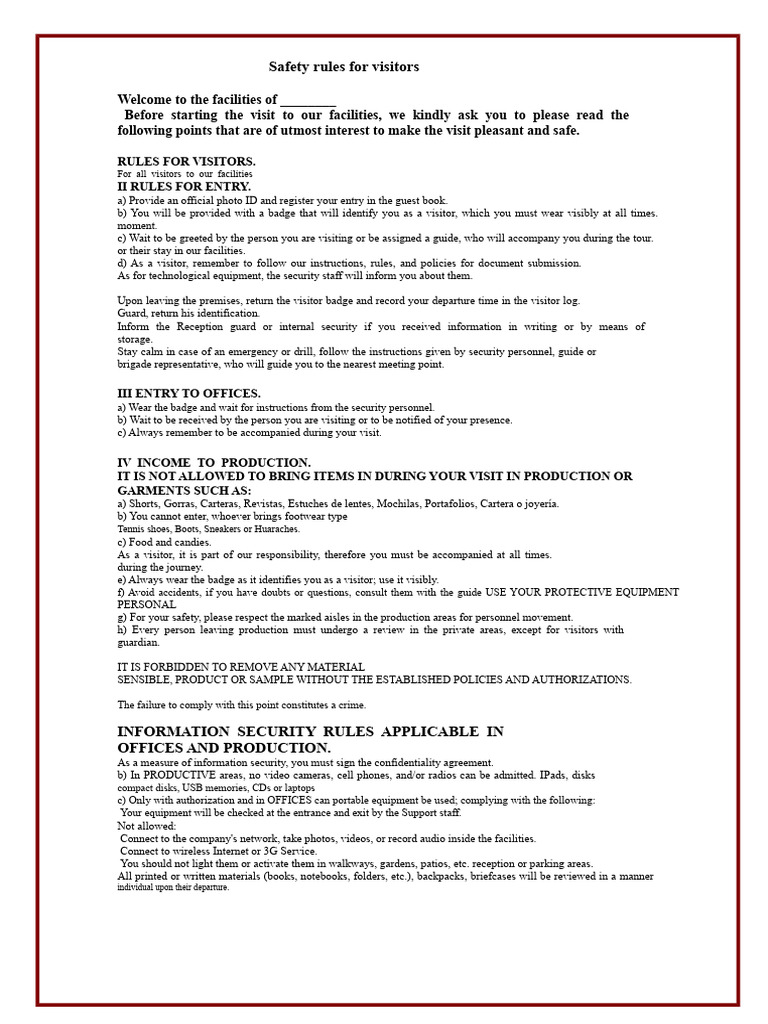 Visitor Safety Guidelines and Rules | PDF | Backpack | Computing
