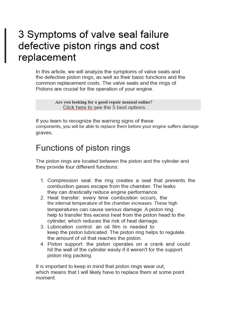 3 Symptoms of Defective Valve Seals and Piston Rings and Replacement ...