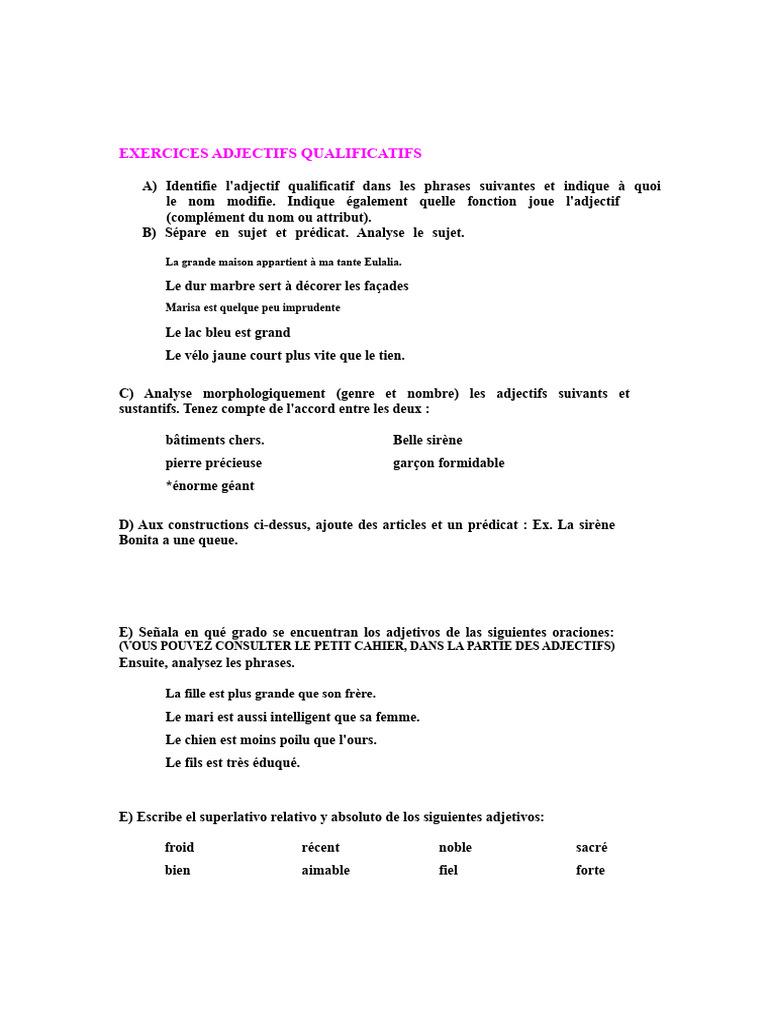 Exercices sur les adjectifs qualificatifs | PDF