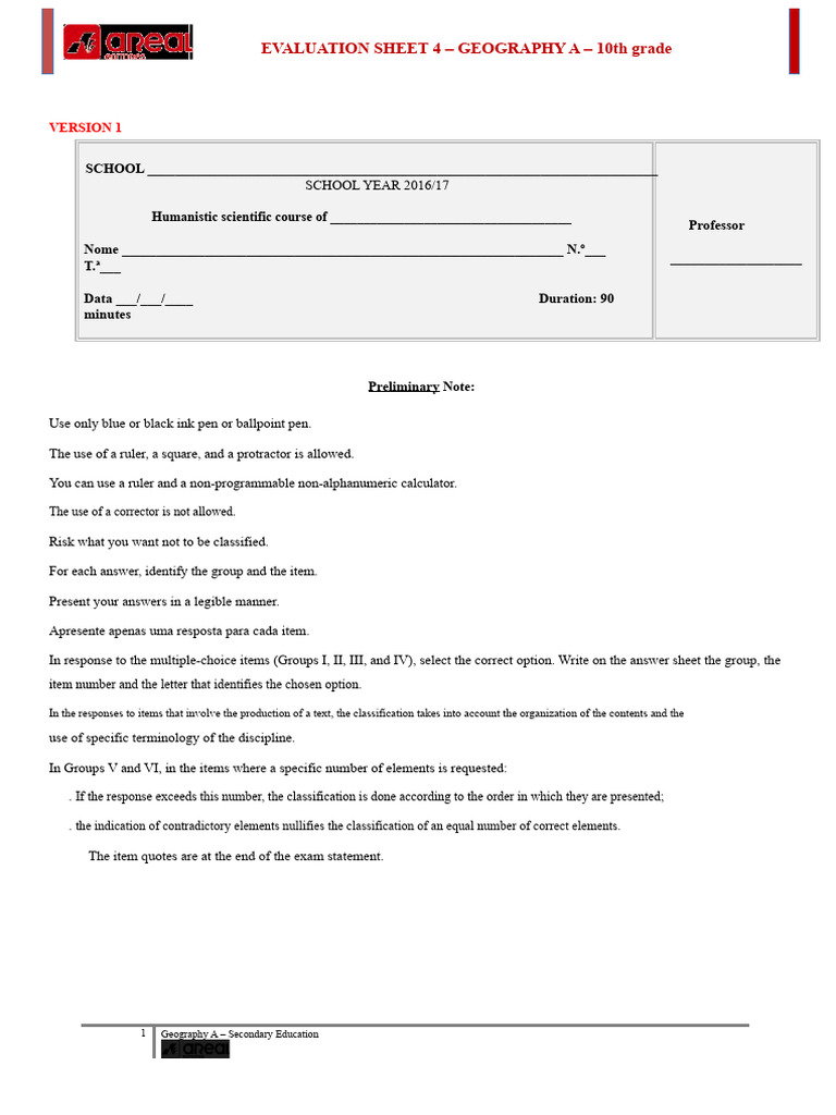10th Grade Geography Evaluation Sheet | PDF | Equator | Atmosphere Of Earth