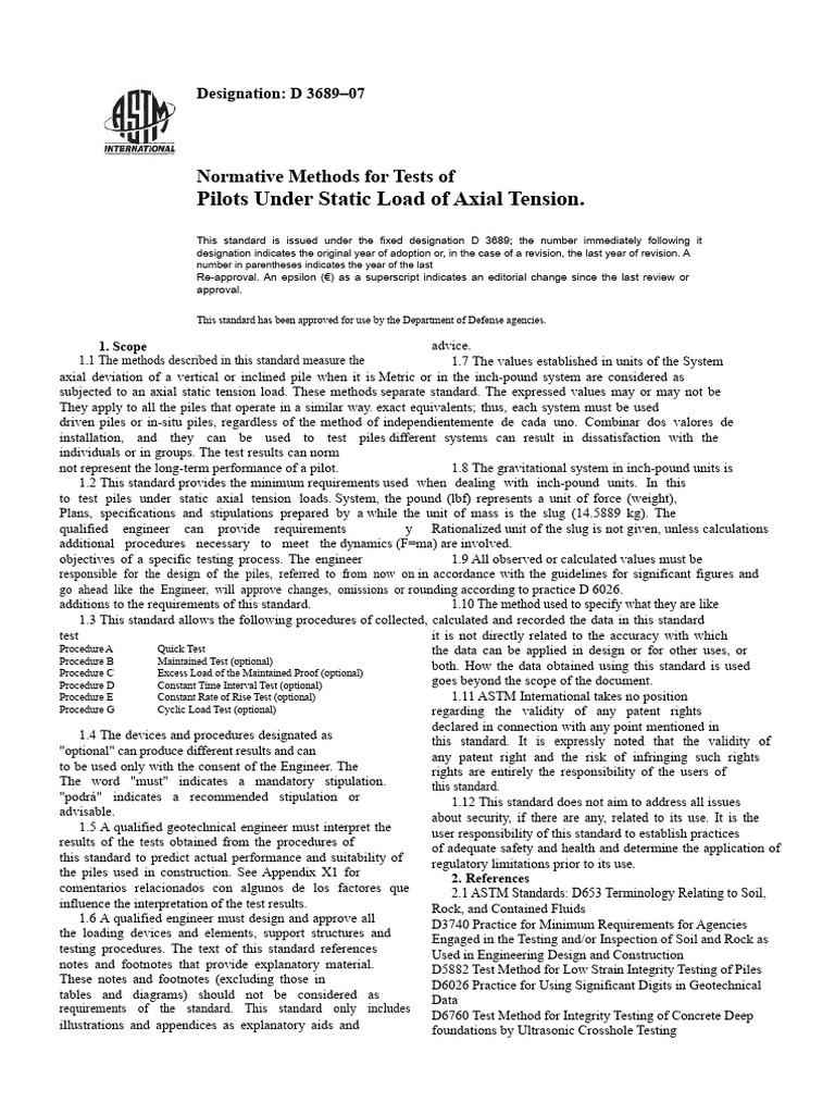 ASTM DIM-3689-07 - (Axial Tension Pile Test) | PDF | Beam (Structure ...