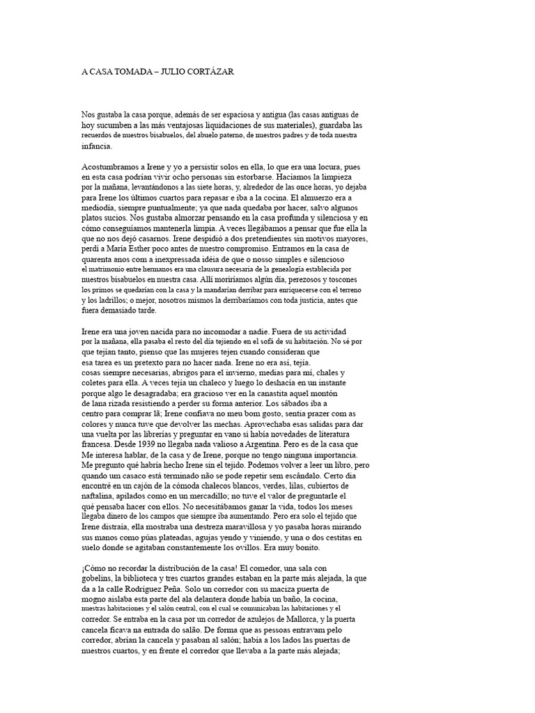 "La Casa Tomada: Relato de Julio Cortázar" | PDF