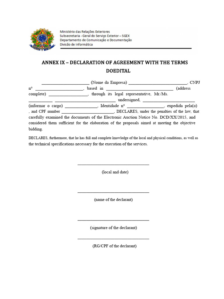 Annex 9 - Declaration of Agreement With The Terms of The Announcement | PDF