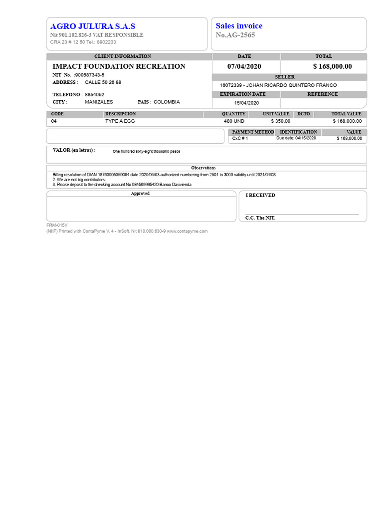 Sales Invoice AGRO JULURA S.A.S | PDF | Invoice | Accounting