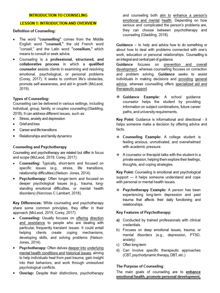 Intro to Counseling Lessons 1-5 | PDF | Psychotherapy | Psychological ...