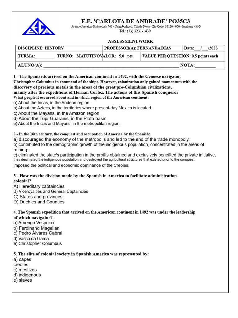 Assessment Work 7th Grade - Spanish Colonization | PDF | Spanish ...