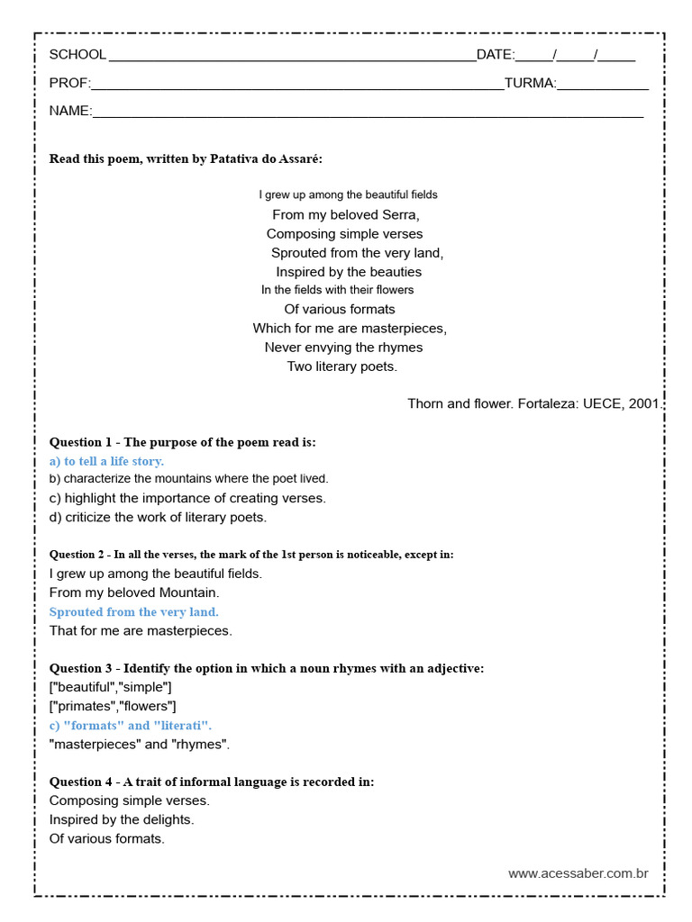 Text Interpretation Poem with Rhyme 7th Grade Answers | PDF
