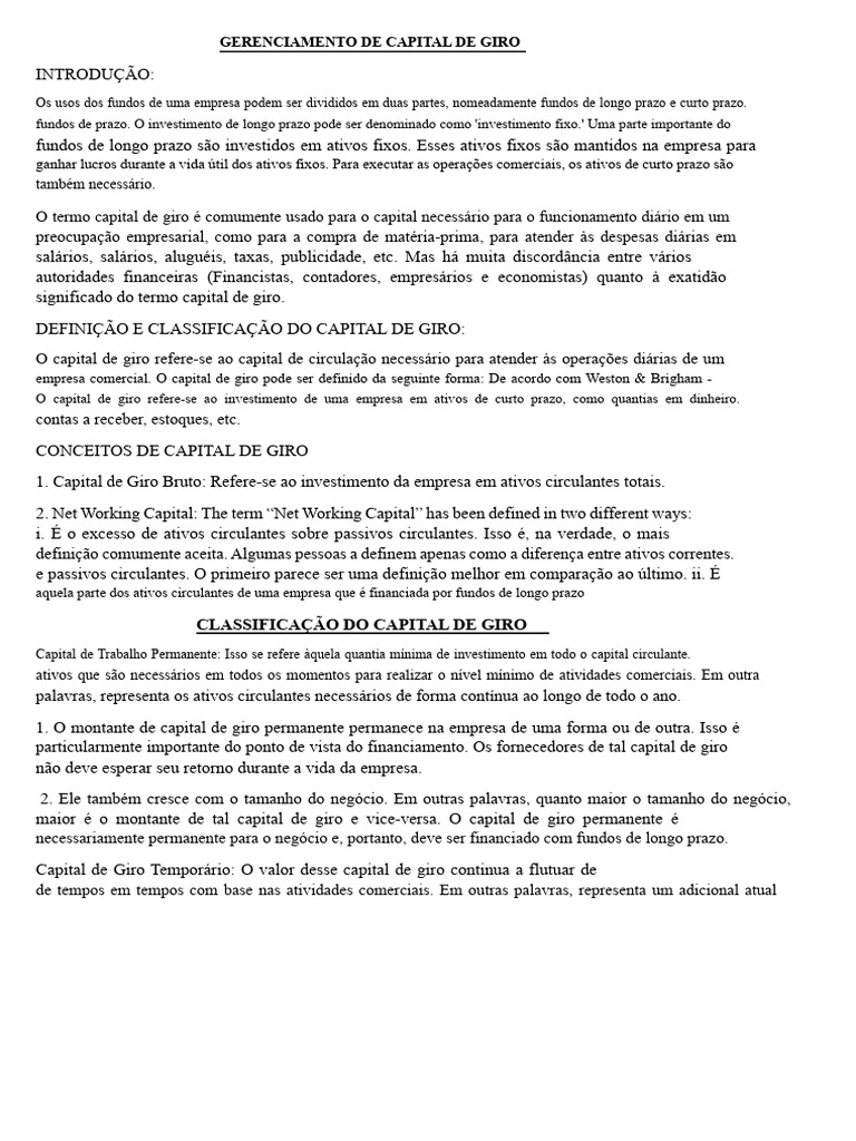 Notas de Palestra sobre Gestão do Capital de Giro | PDF | Capital ...