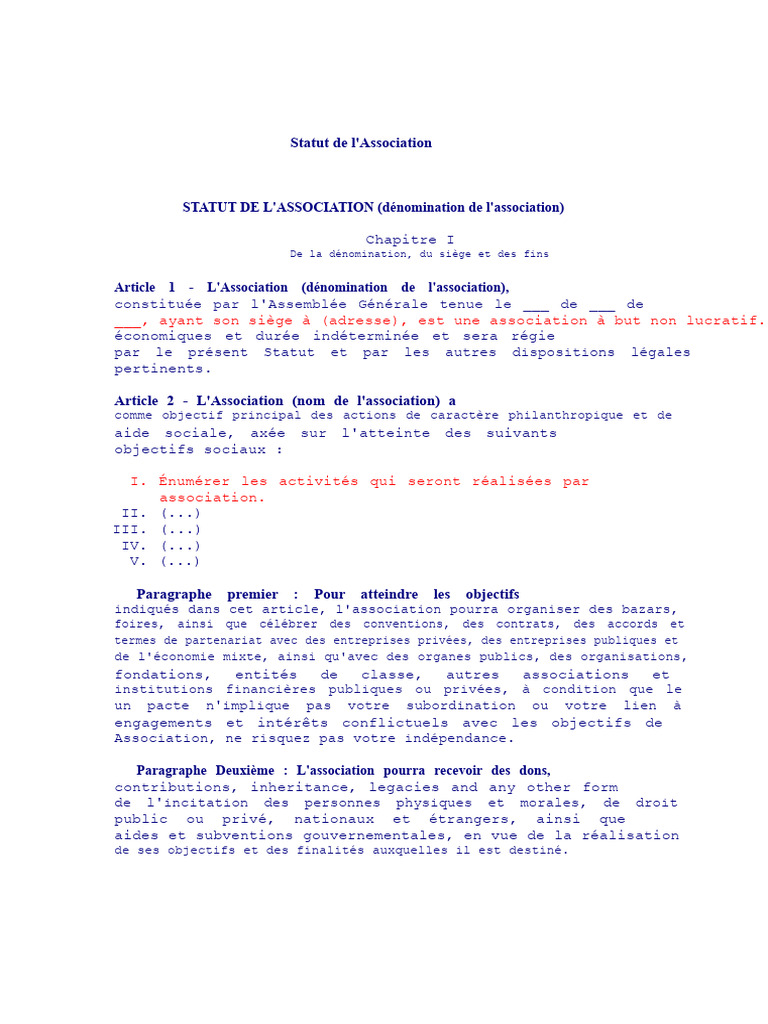 Statuts de l'Association à But Non Lucratif | PDF | Fondation (Non ...