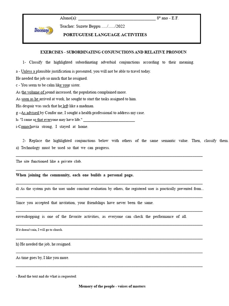 Portuguese Activities: Conjunctions & Pronouns | PDF | Syntax | Linguistics