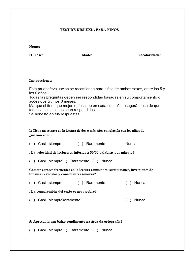 Test de Dislexia Infantil: Evaluación y Resultados | PDF
