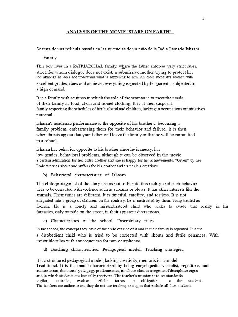 Analysis of the movie Stars on Earth | PDF | Learning | Dyslexia