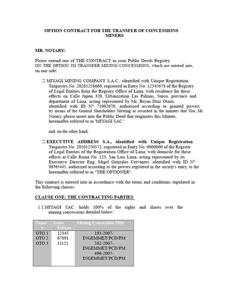 Option Contract for the Transfer of Mining Concessions | PDF ...