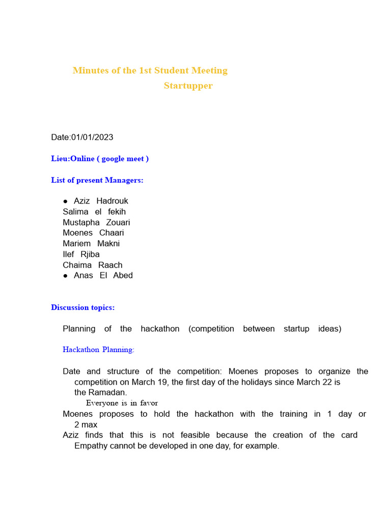 Minutes of The 1st Startup Student Meeting | PDF