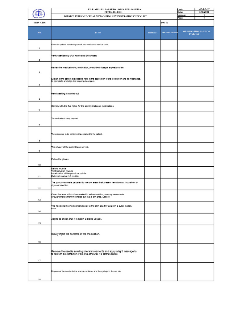 Intramuscular Medication Checklist | PDF | Medical Specialties ...