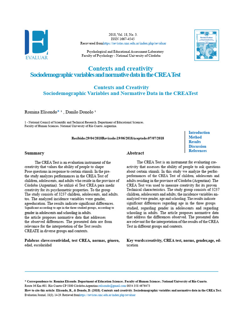 CREA Test: Norms and Sociodemographics | PDF | Creativity | Psychometrics