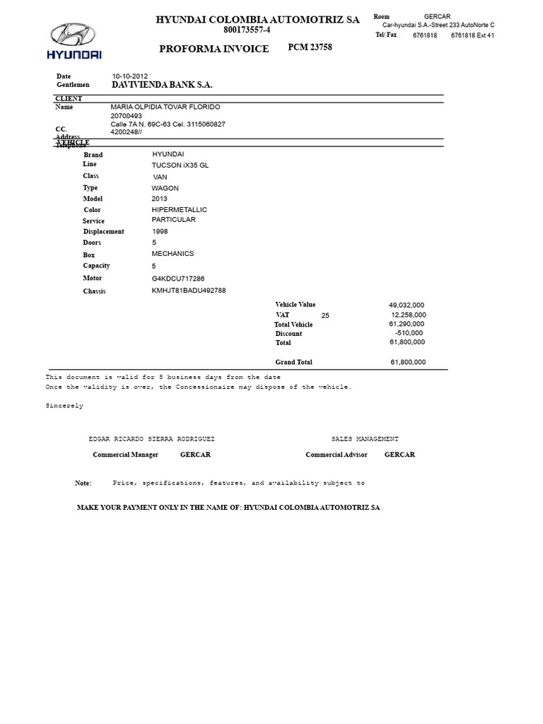 PROFORMA INVOICE DAVIVIENDA | PDF | Invoice | Car Body Styles