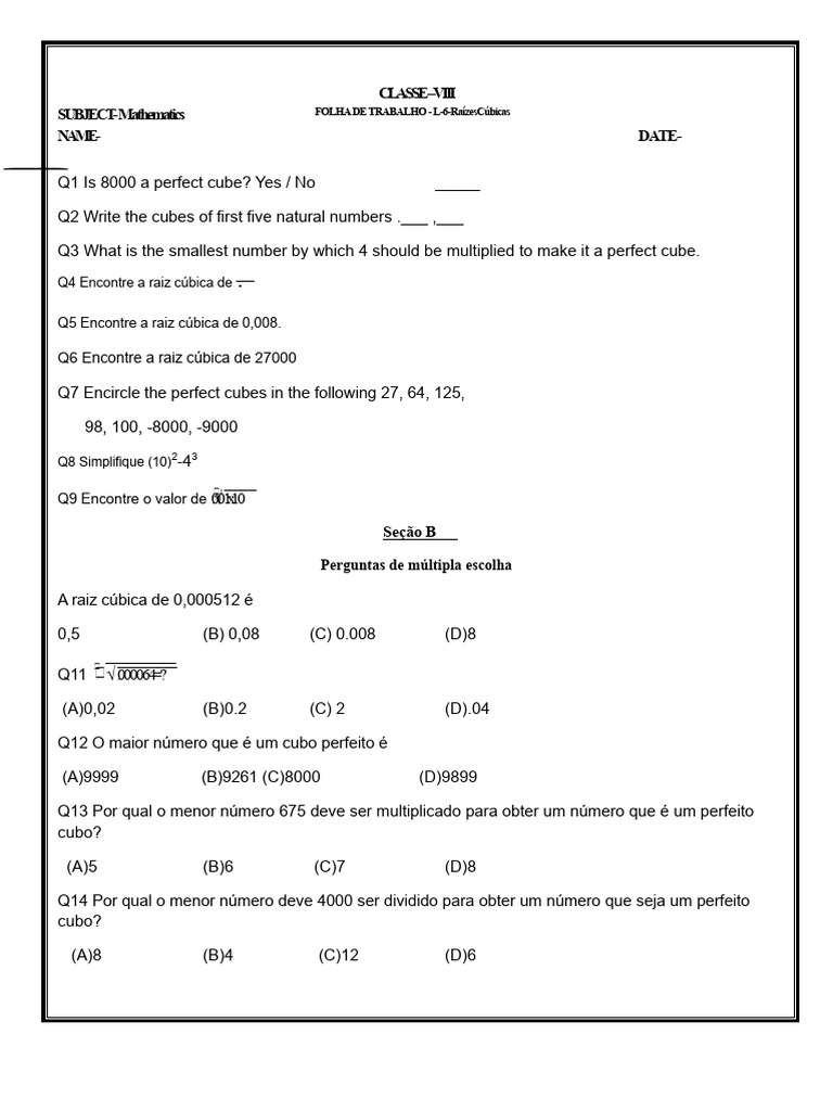 Raízes Cúbicas: Exercícios e Questões | PDF | Teoria dos Números ...